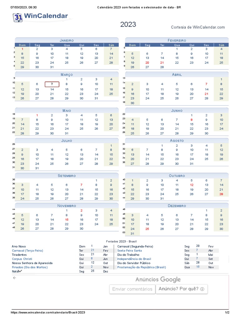 Calendário 2023 com Feriados Brasil | PDF