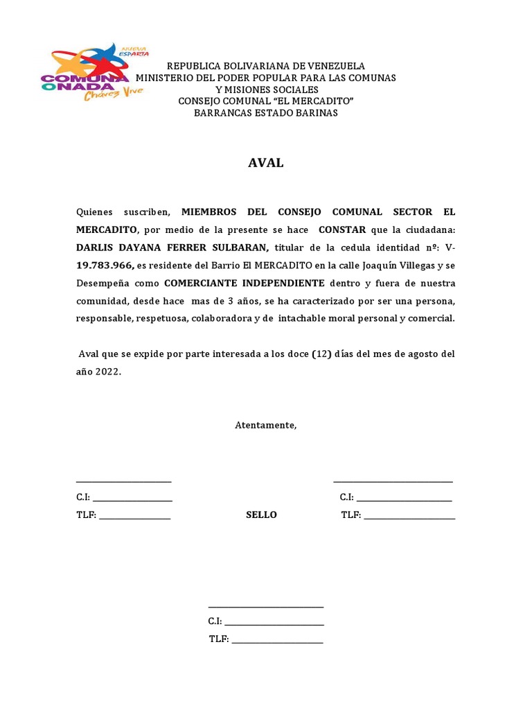 Carta Aval Consejo Comunal El Mercadito | PDF | Negocios | Finanzas y ...