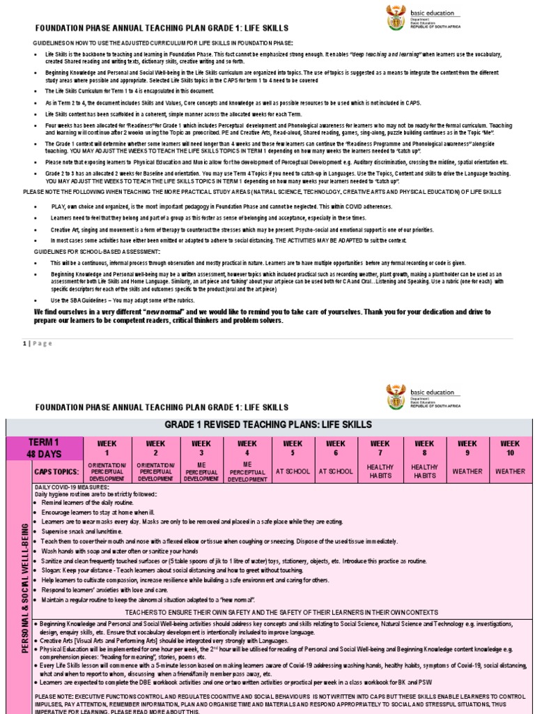 Grade 1 Life Skills Annual Plan 2025 | PDF | Learning | Curriculum