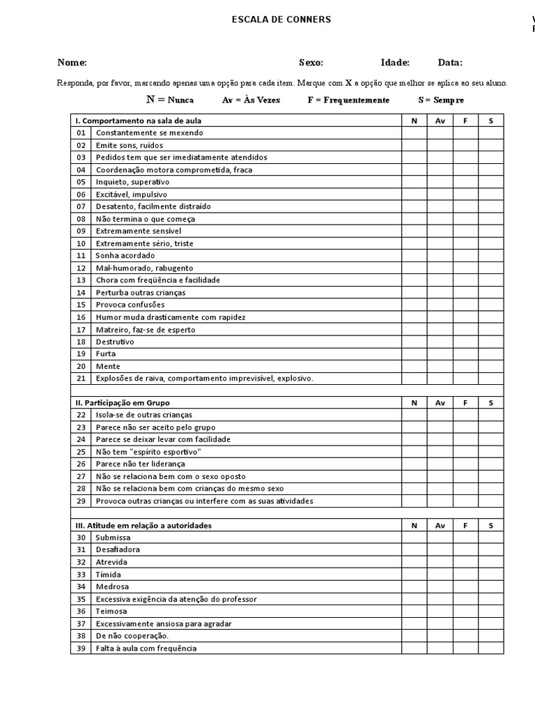 Escala de Conners para Professores | PDF | Transtorno de déficit de ...