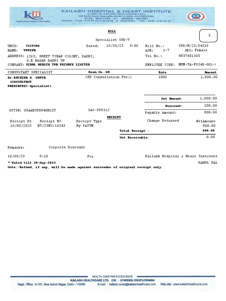 OPD Bill for Pediatric Consultation | PDF