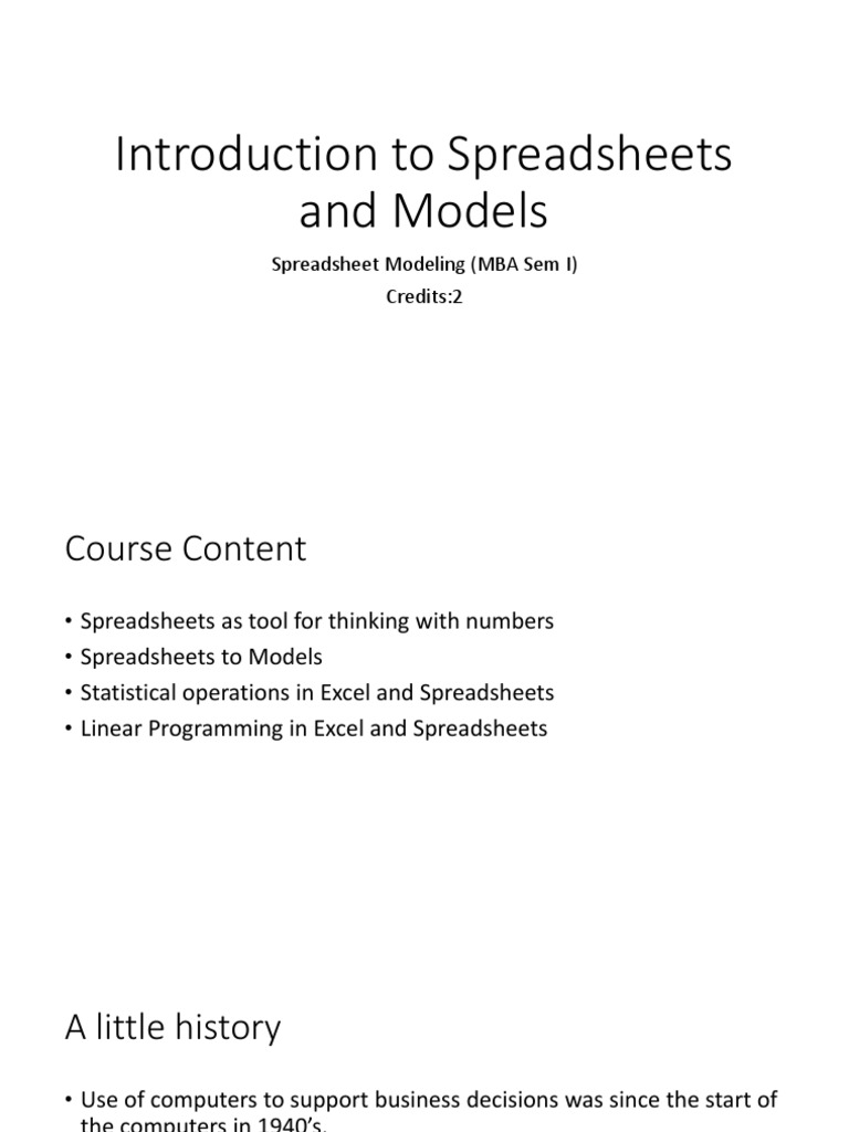 Introduction To Spreadsheets and Models: Spreadsheet Modeling (MBA Sem ...