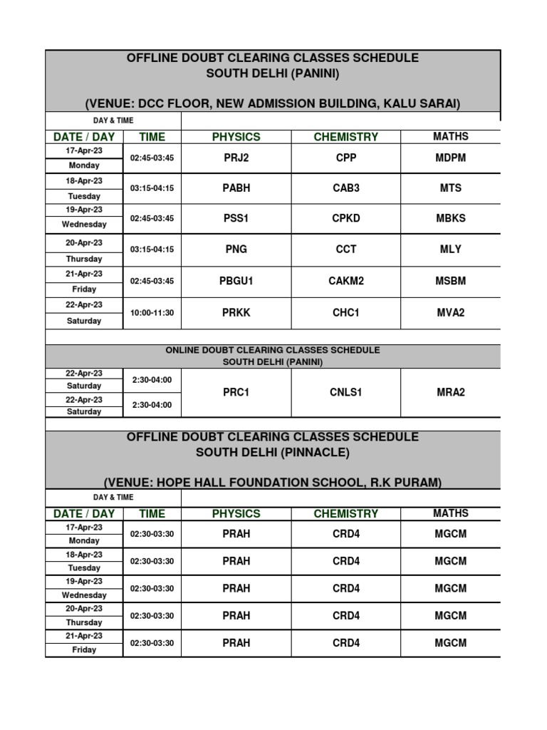 Offline Doubt Clearing Classes Schedule South Delhi (Panini) (Venue ...