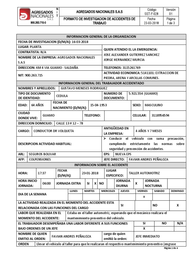 Sst-Fo-014 Formato de Investigacion de Accidentes | PDF