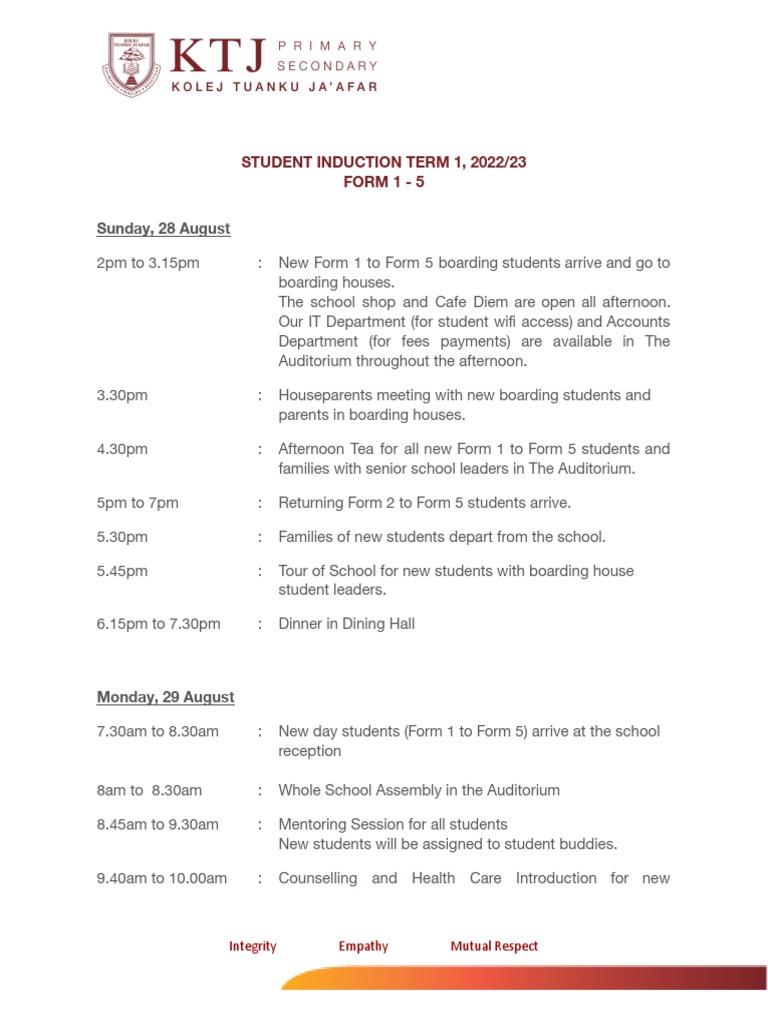 Student Induction Schedule 2022/23 | PDF