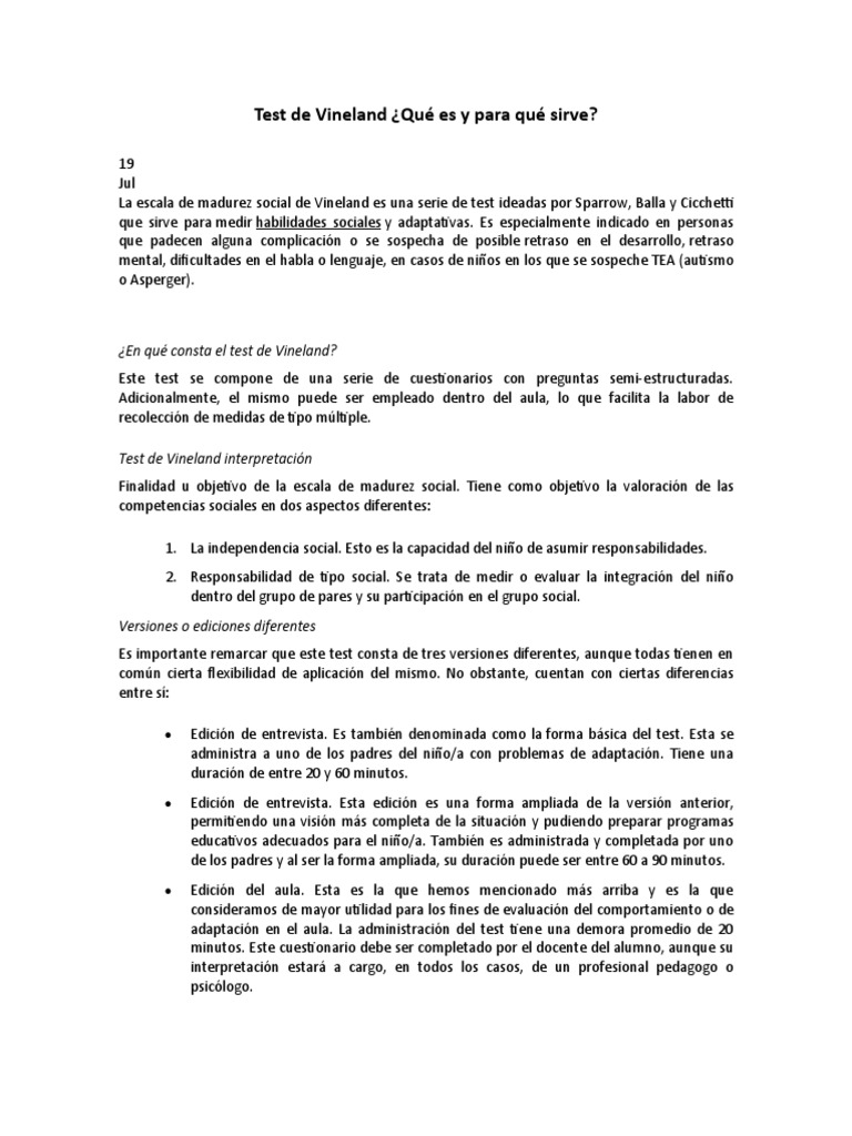 Qué Es y para Qué Sirve El Test de Vineland | PDF | Espectro autista ...
