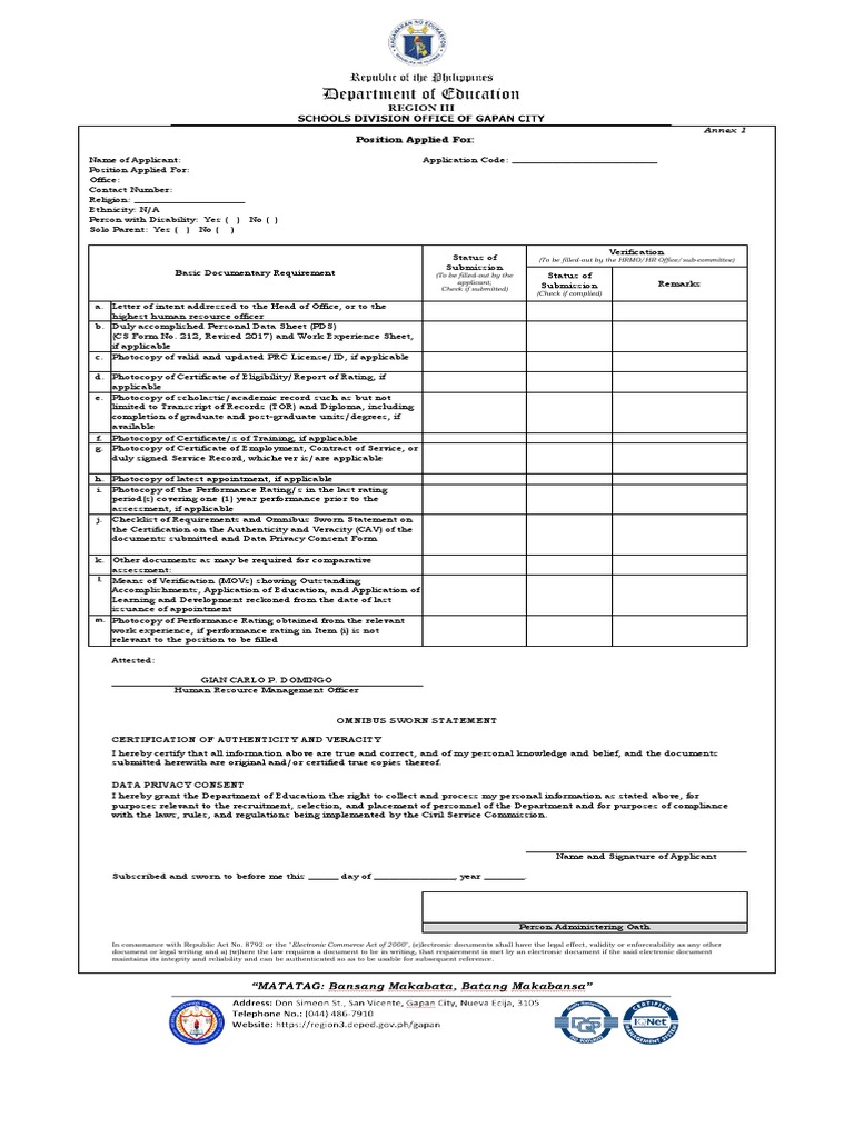 Annex C Checklist for Omnibus Application | PDF