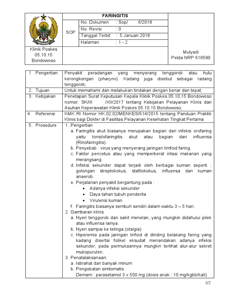 SOP Penanganan Faringitis di Klinik | PDF