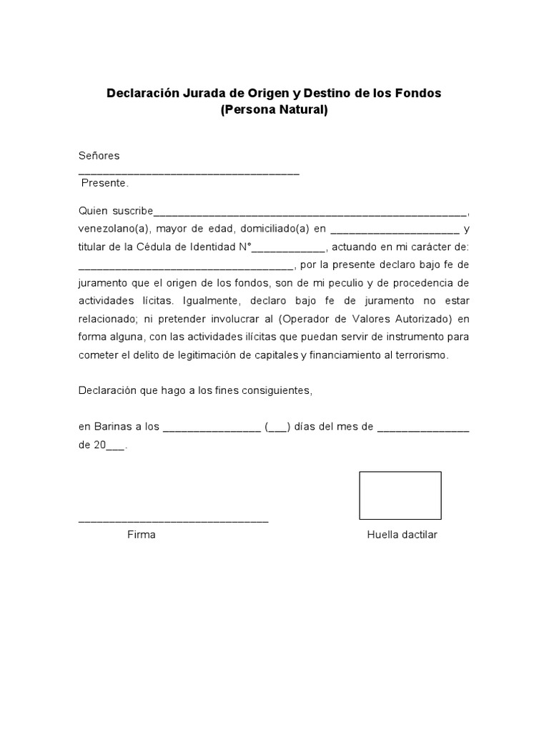 Declaración Jurada de Origen y Destino de Los Fondos | PDF Declaración Jurada de Origen y Destino de Los Fondos | PDF