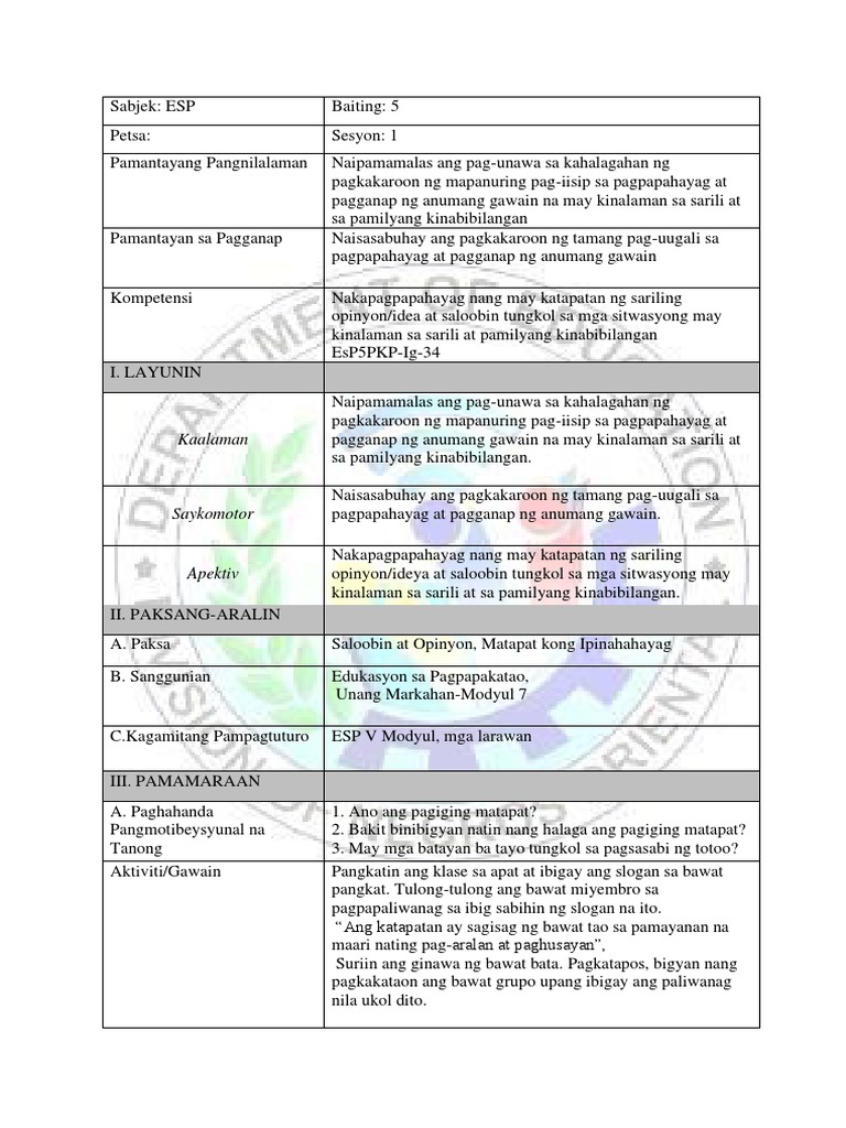 DLP EsP5 Q1 M7 Sesyon1-5 | PDF