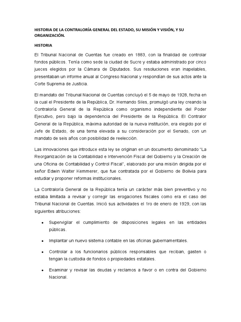 Historia de la Contraloría en Bolivia | PDF