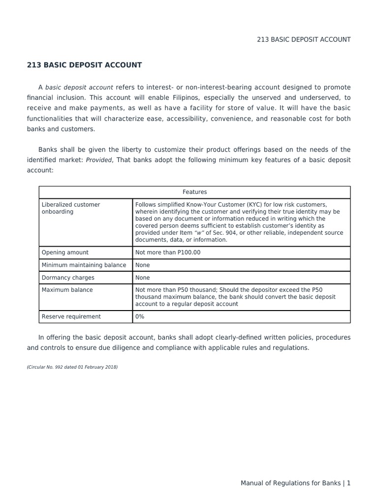213 Basic Deposit Account | PDF