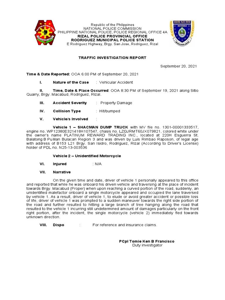 Traffic Investigation Report Detailing a Hit-and-Run Accident Involving ...