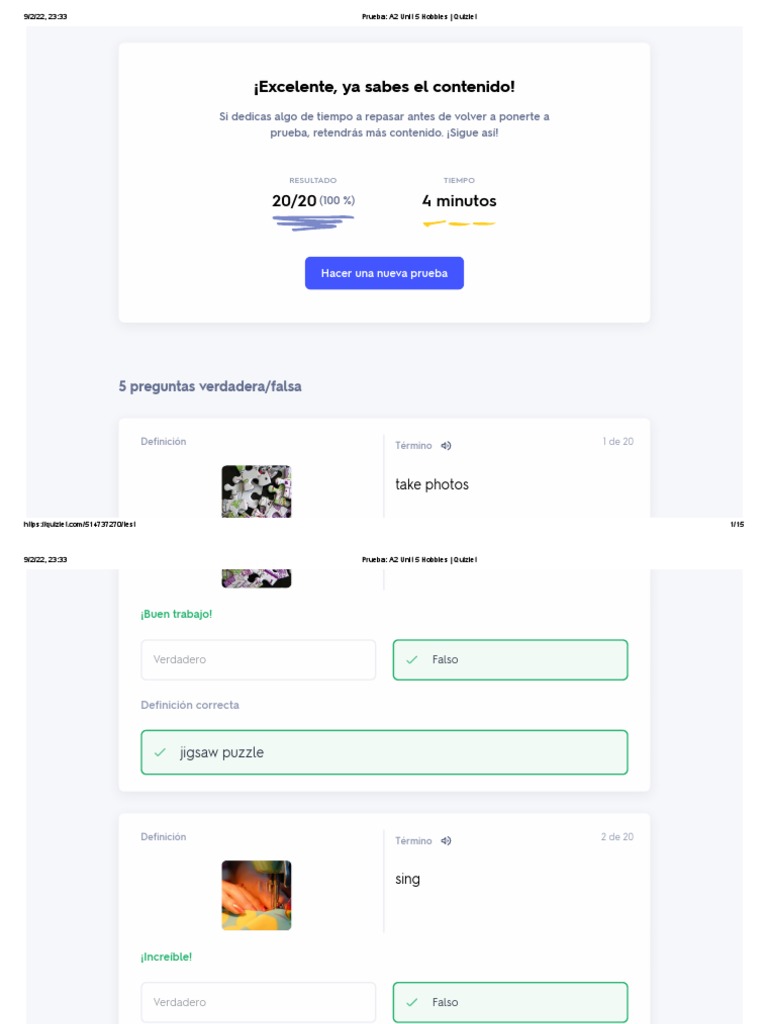 Prueba - A2 Unit 5 Hobbies - Quizlet. 1 | PDF