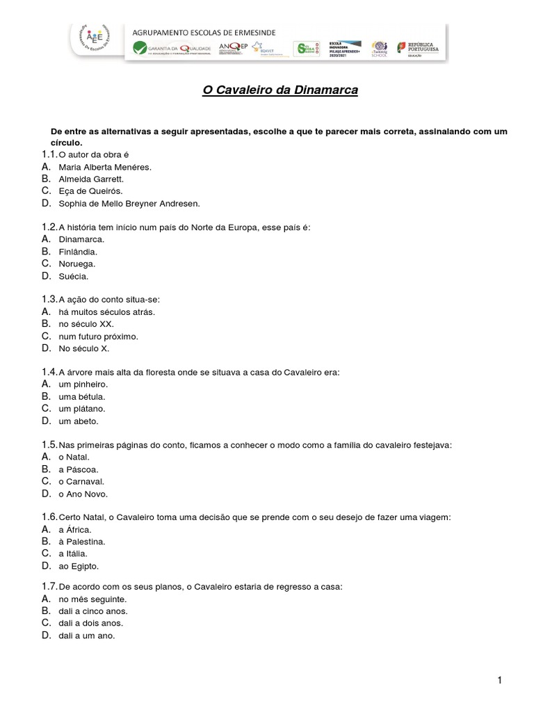 Quiz sobre "O Cavaleiro da Dinamarca" | PDF | Poesia | Ficção Geral
