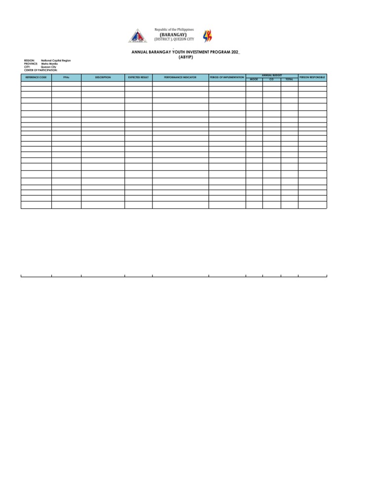Sangguniang Kabataan Template for Annual Barangay Youth Investment ...