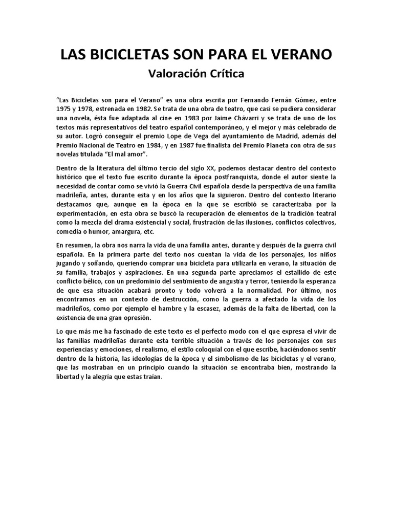 VALORACIÓN CRÍTICA (Las Bicicletas Son para El Verano) - Sofía Salcedo | PDF | Teatro | Novelas