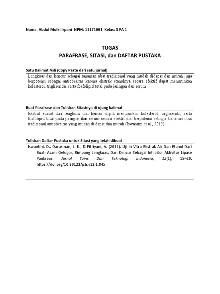 Tugas Parafrase, Sitasi, Dan Daftar Pustaka: Nama: Abdul Mulki Irpani ...