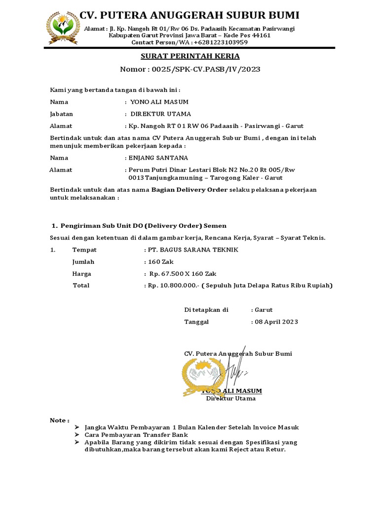 SPK Pasir 080420232526 CV - Pasb | PDF