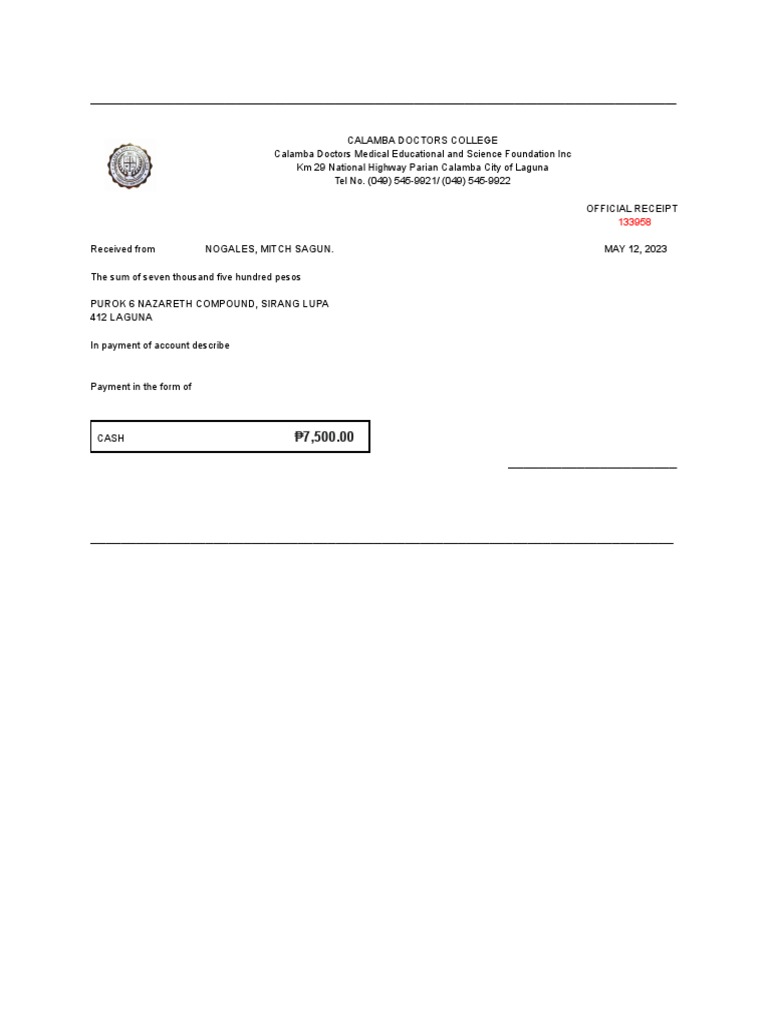 Calamba Doctors College Receipt | PDF