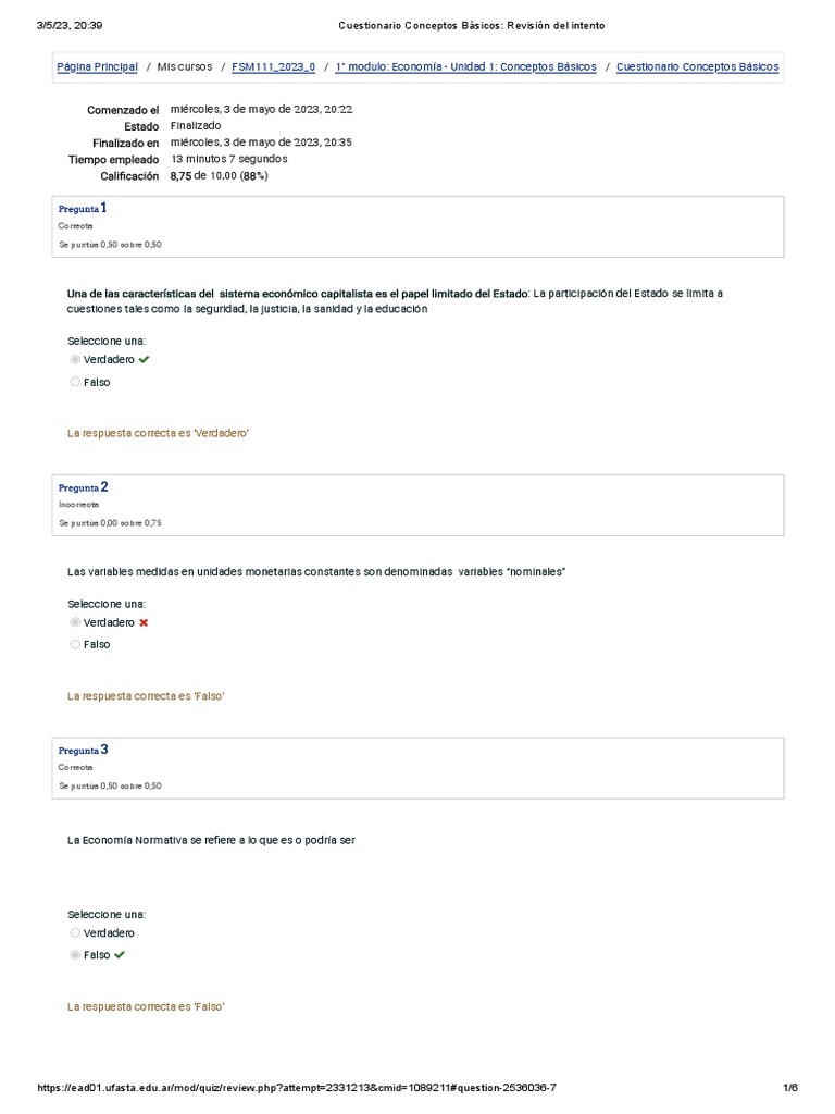 Cuestionario 1. Conceptos Básicos Economia | PDF
