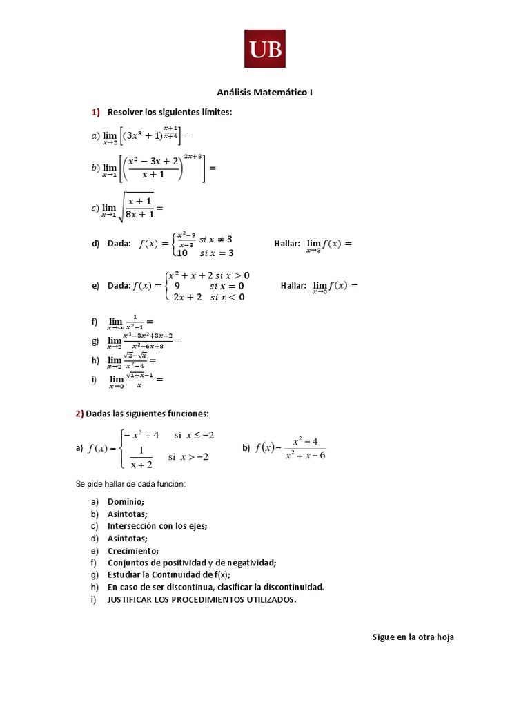 PrÃ¡ctica para El Final de Julio 2021-Univ de Belgrano | PDF | Asíntota | Matemática Elemental