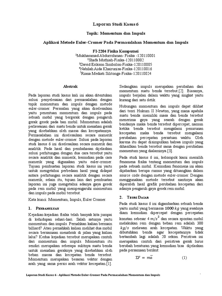 Kelompok 4-Laporan Studi Kasus 6 Topik: Momentum Dan Impuls Aplikasi ...