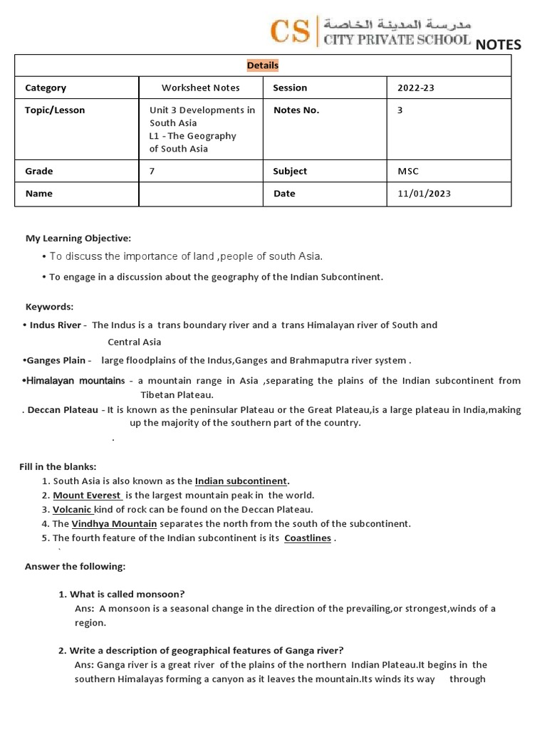 Geography of South Asia for Grade 7 | PDF | Indus River | Himalayas