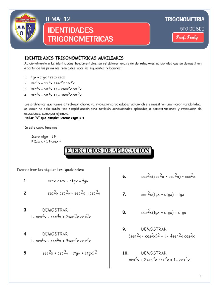 Tema 12 - Identidades Trigonometricas - 5to | PDF | Matemáticas