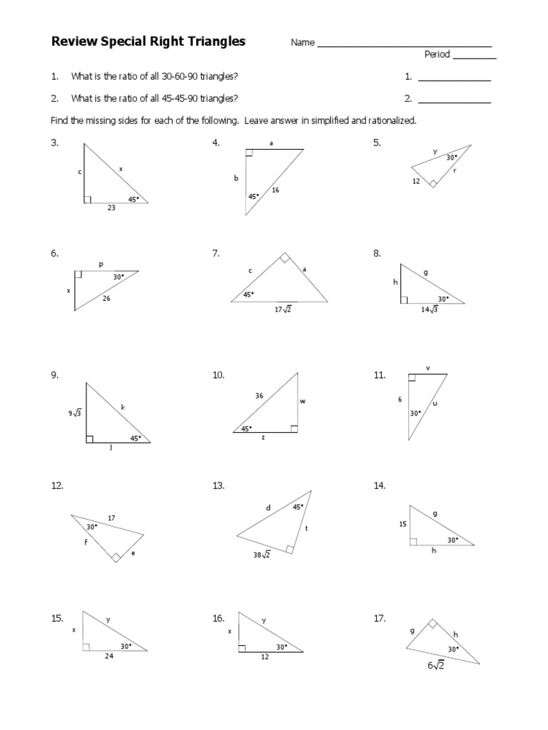 Special Right Triangles Review Worksheet | PDF | Triangle | Geometric ...