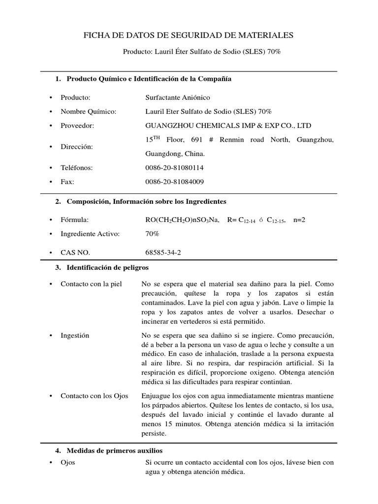 Sles Msds Spanish | PDF | Solubilidad | Agua