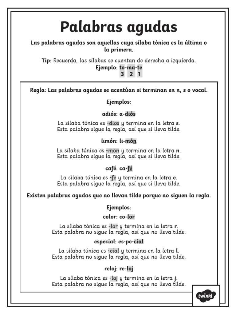 Reglas de acentuación en palabras agudas | PDF | Artes del Lenguaje y ...