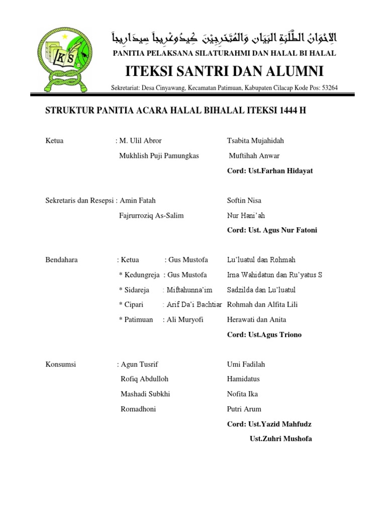 Struktur Panitia Dan Rab Acara Halal Bihalal Iteksi 1444 H | PDF