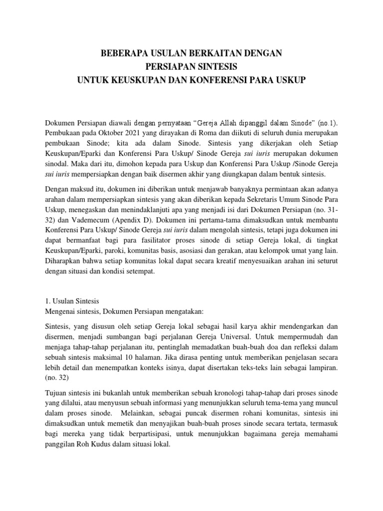 Sinode-BEBERAPA USULAN MENGENAI PERSIAPAN SINTESIS | PDF Sinode-BEBERAPA USULAN MENGENAI PERSIAPAN SINTESIS | PDF