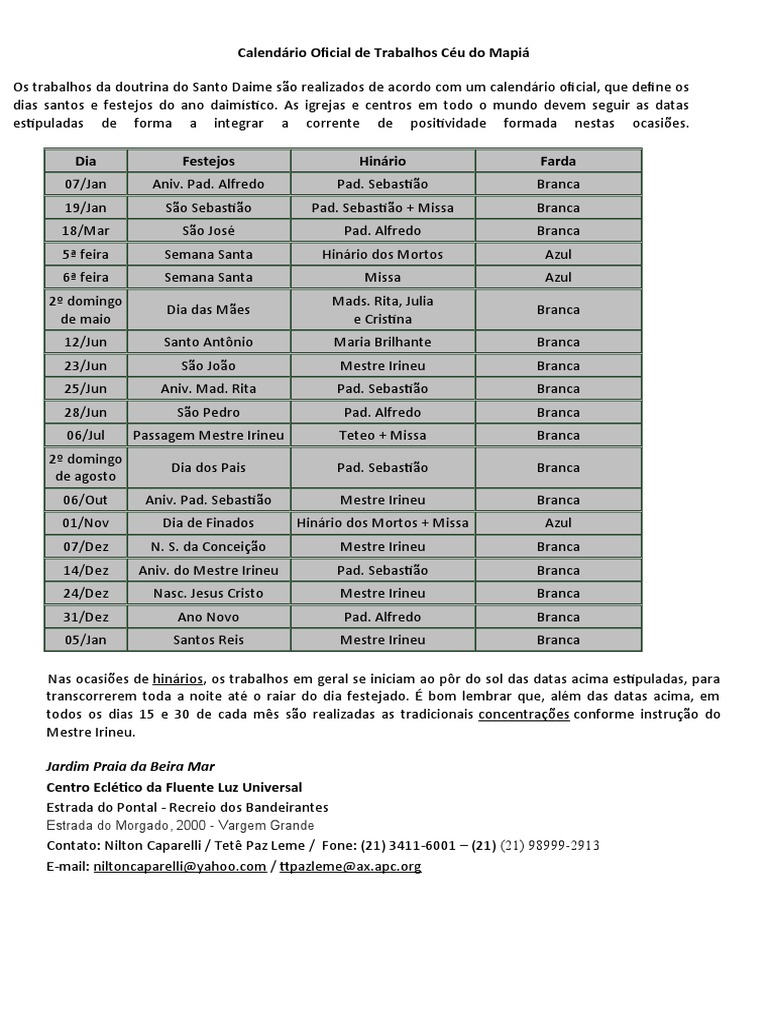 Calendário Oficial Daime | PDF | Missa (liturgia)