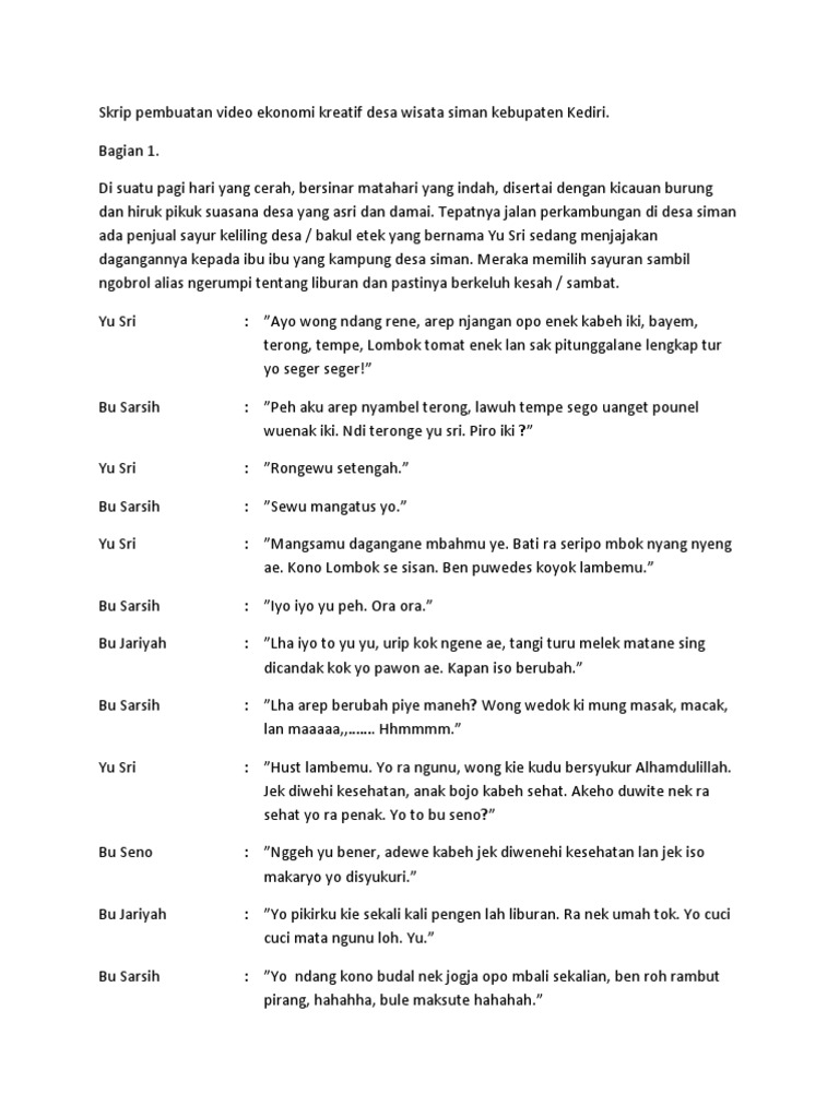 Skrip Pembuatan Video Ekonomi Kreatif Desa Wisata Siman Kebupaten Kediri | PDF