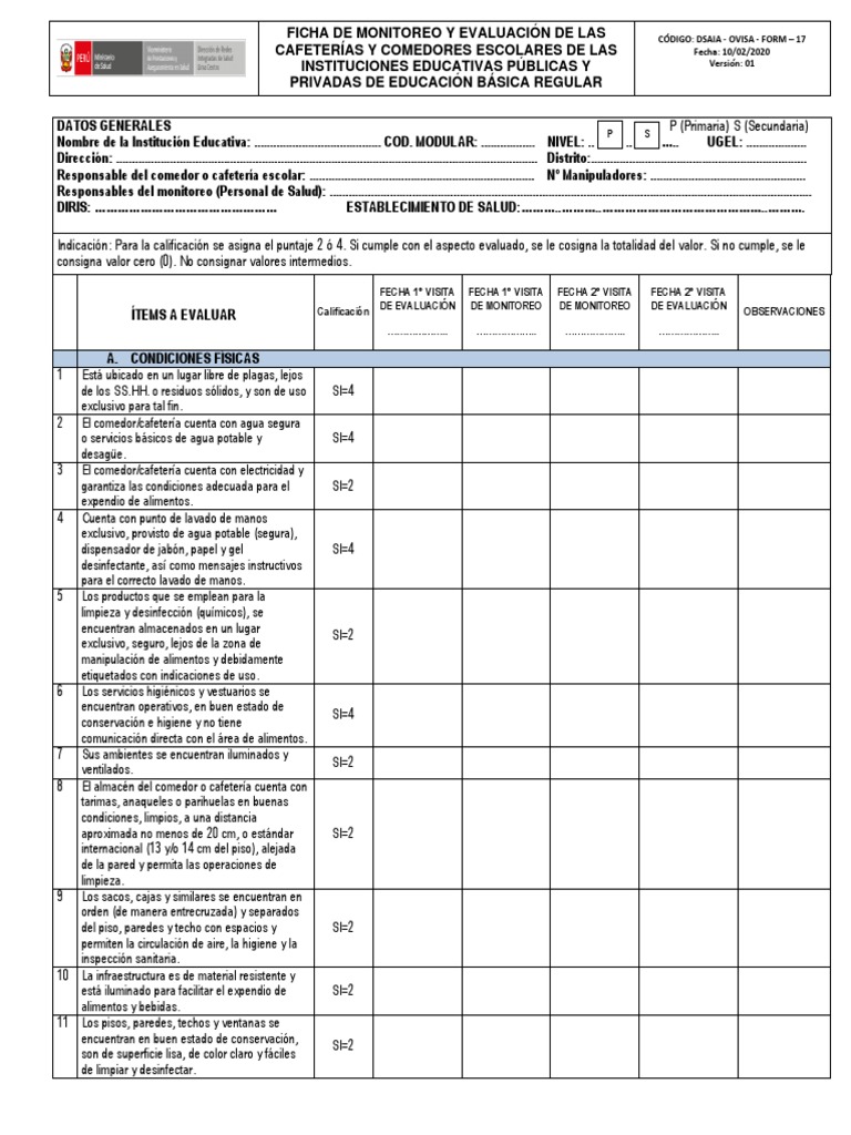 7.ficha de Monitoreo y Evaluacion de Cafeterias y Comedores Escolares ... 7.ficha de Monitoreo y Evaluacion de Cafeterias y Comedores Escolares ...