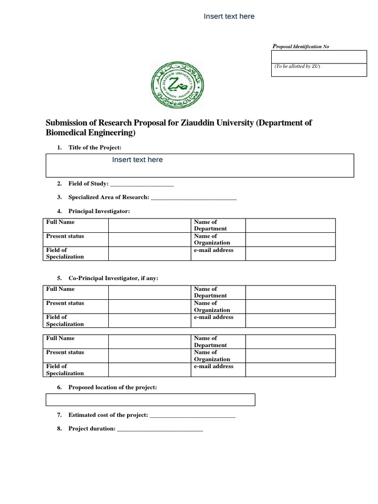 Submission of Research Proposal For Ziauddin University (Department of ...