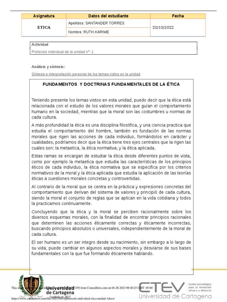 Protocolo Individual Etica Unidad 1 | PDF | Moralidad | Metafilosofía