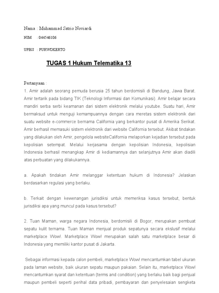TUGAS 1 Hukum Telematika 13 | PDF