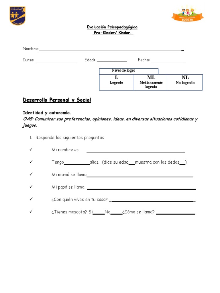 Prueba Diagnostica Prekinder Kinder | PDF | Color | Vocal