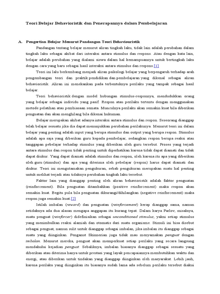 Teori Belajar Behavioristik Dan Penerapannya Dalam Pembelajaran | PDF