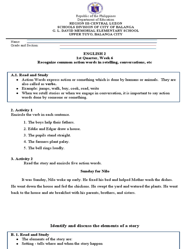 Grade 2 English Answer Sheet. Q1.Wk6 | PDF | Cognitive Science | Linguistics