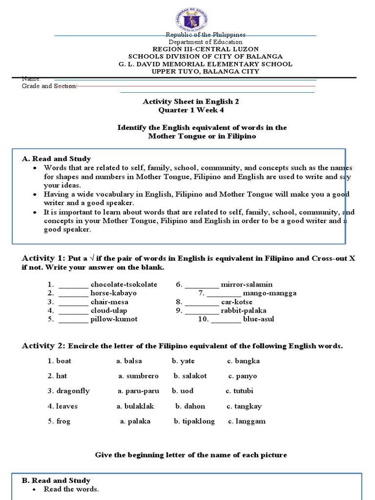 Grade 2 English Answer Sheet. Q1.Wk4-5 | PDF | Human Communication ...