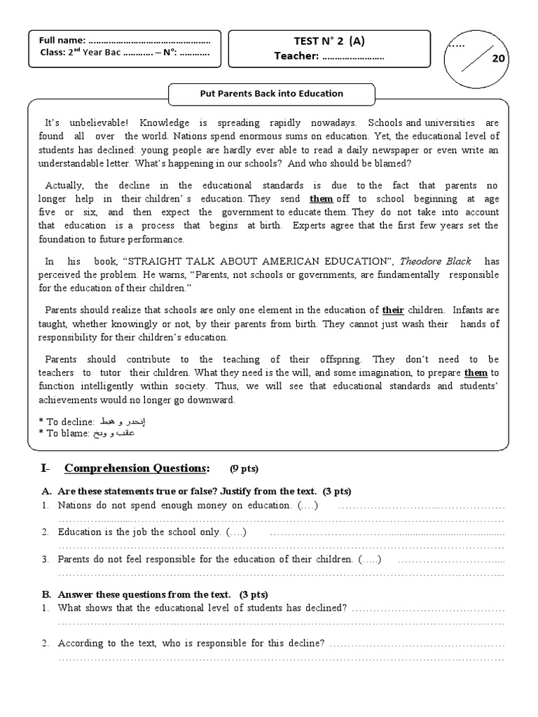 9......... 2nd Bac TEST 2 A | PDF | Teachers | Cognition
