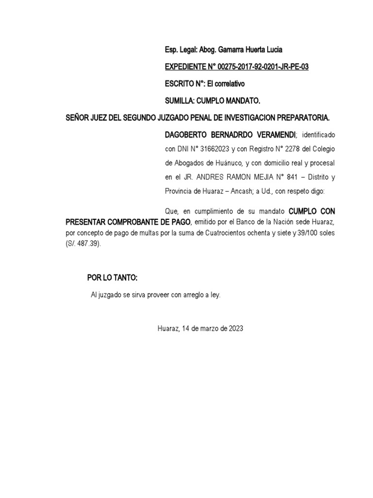 Escrito Pago de Multas | PDF