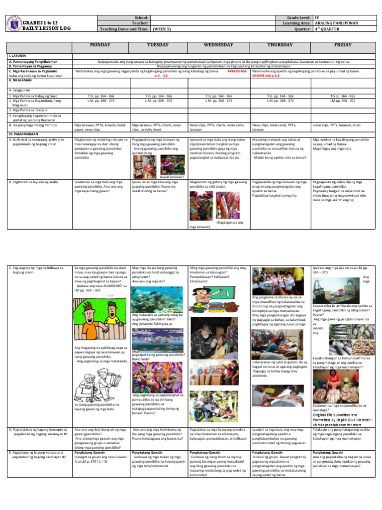 DLL - Araling Panlipunan 4 - Q4 - W5 | PDF