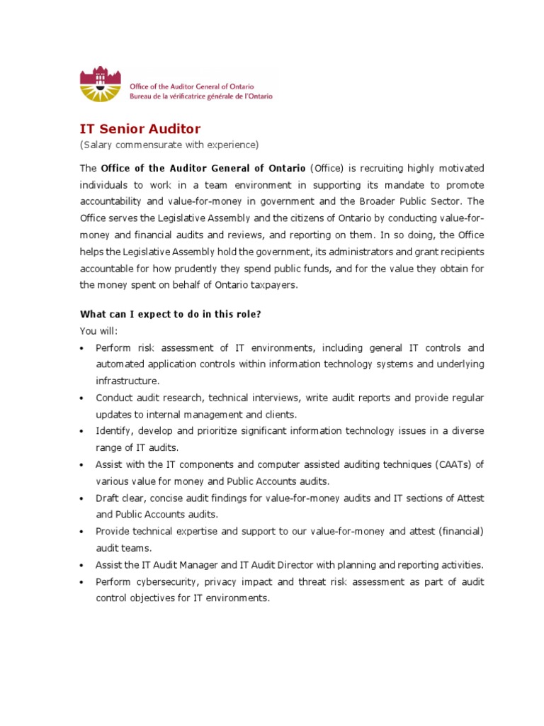 IT Senior Auditor Job in Ontario | PDF | Audit | Financial Audit