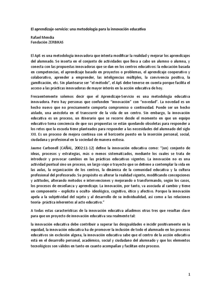 Lectura No. 2 El Aprendizaje Servicio Una Metodología para La Innovación Educativa | PDF ...