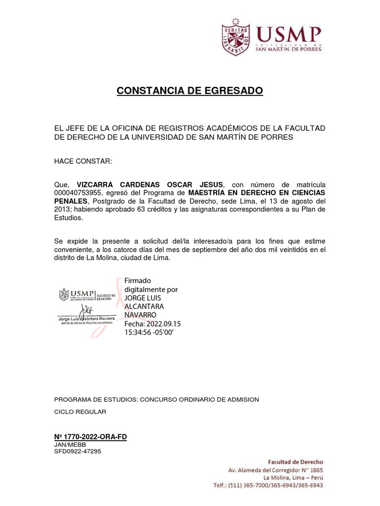 Constancia de Egresado Maestria Usmp | PDF